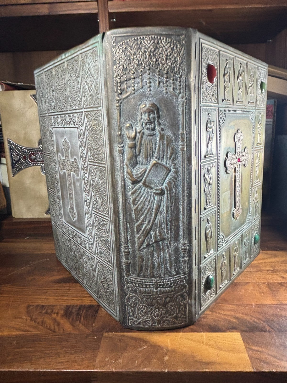 Ornate Metal Bound German Bible W/ Semi-Precious Stone And Silver Cros ...
